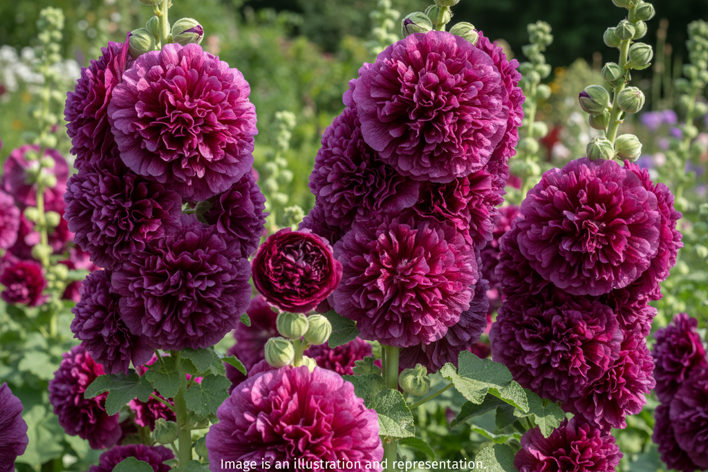Alcea rosea DWARF 'QUEENY' PURPLE DOUBLE HOLLYHOCK Althea – Ferri Seeds